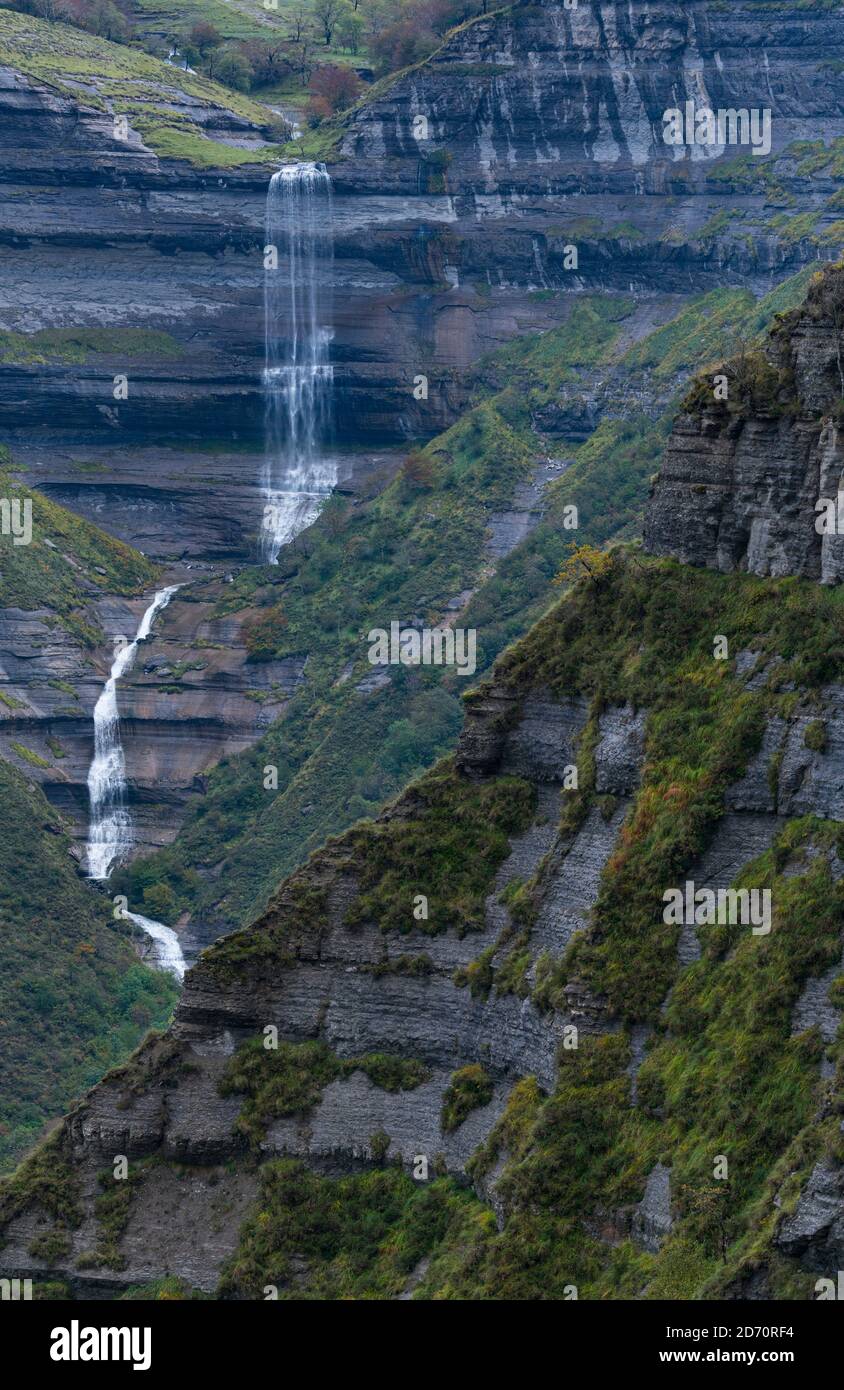 Autumn landscape at the San Miguel waterfall in the Angulo Valley of ...