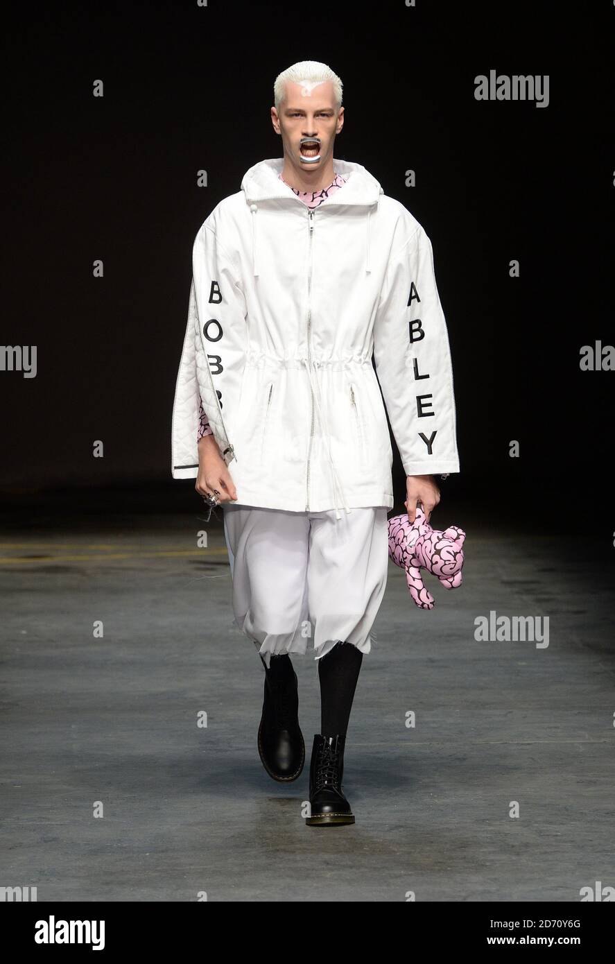 A model wears a creation by Bobby Abley at the MAN fashion show, held ...