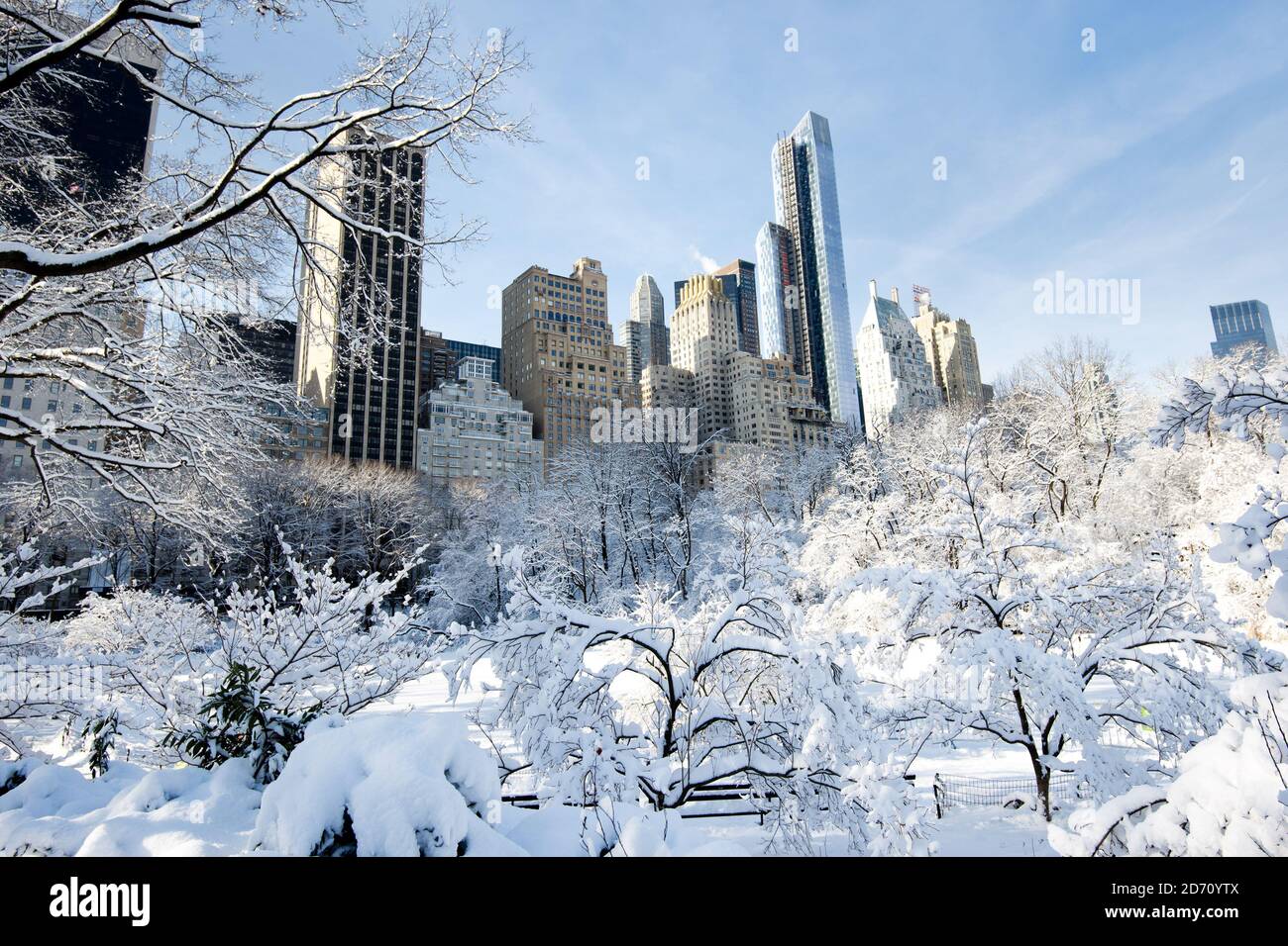 A view of the Manhattan skyline from Central Park in New York, during ...