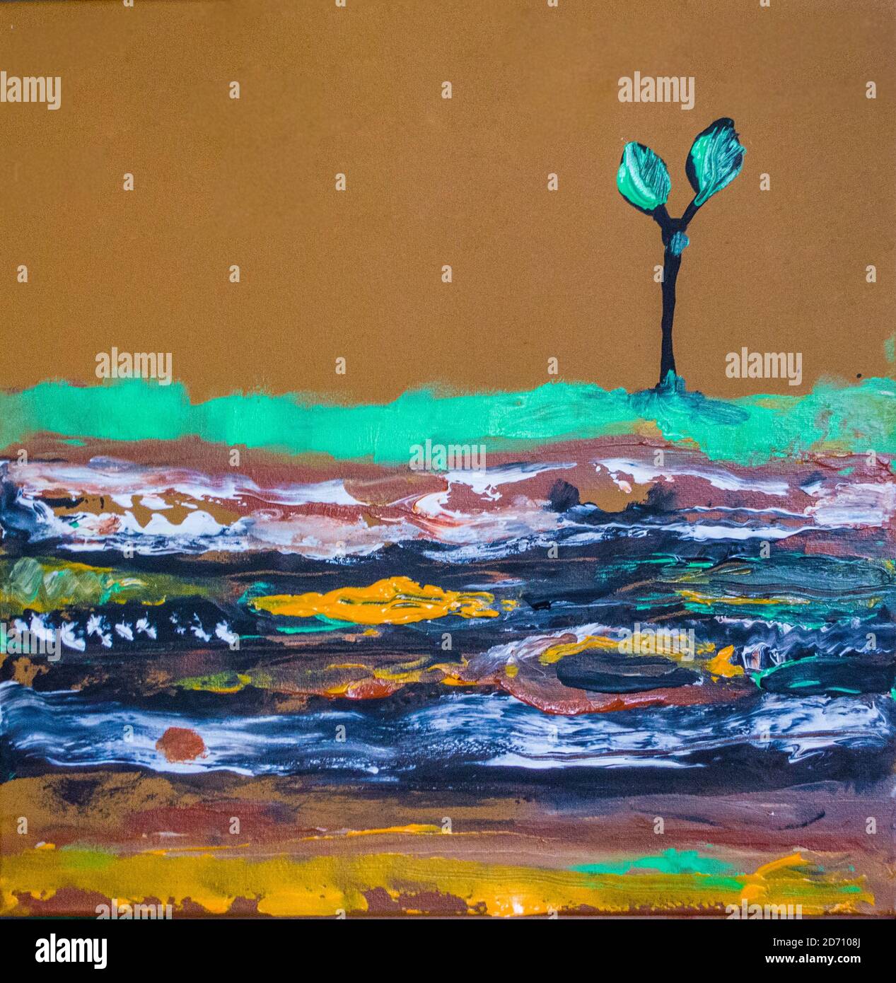 Painting of the earth element of the soil with an earth sprout. Square ...