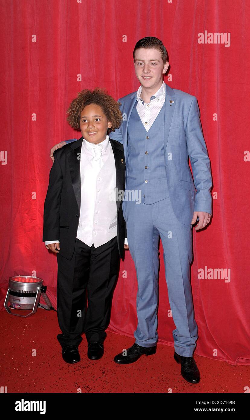 Devon Higgs and James Forde (right) arriving for the 2014 British Soap ...
