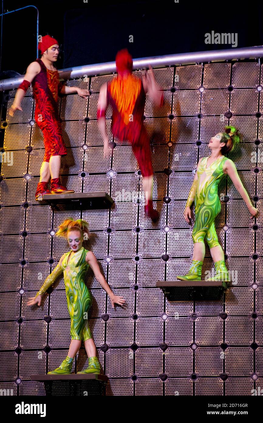 Performers from Cirque du Soleil on stage in Dralion, at the O2 Arena ...
