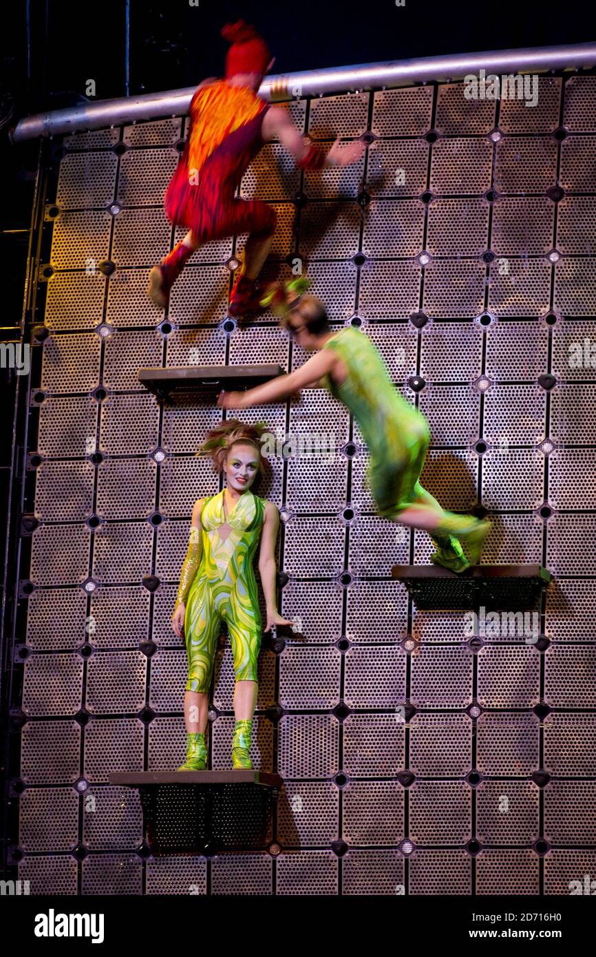Performers from Cirque du Soleil on stage in Dralion, at the O2 Arena ...