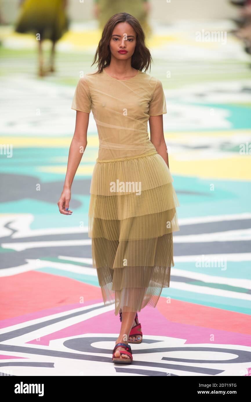 A model on the catwalk at the Burberry fashion show, held in Kansington ...