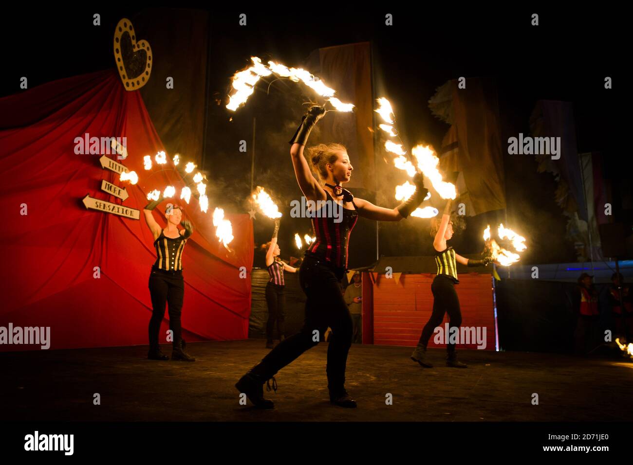 Fire performers in the Circus Field, at the Glastonbury Festival, at ...