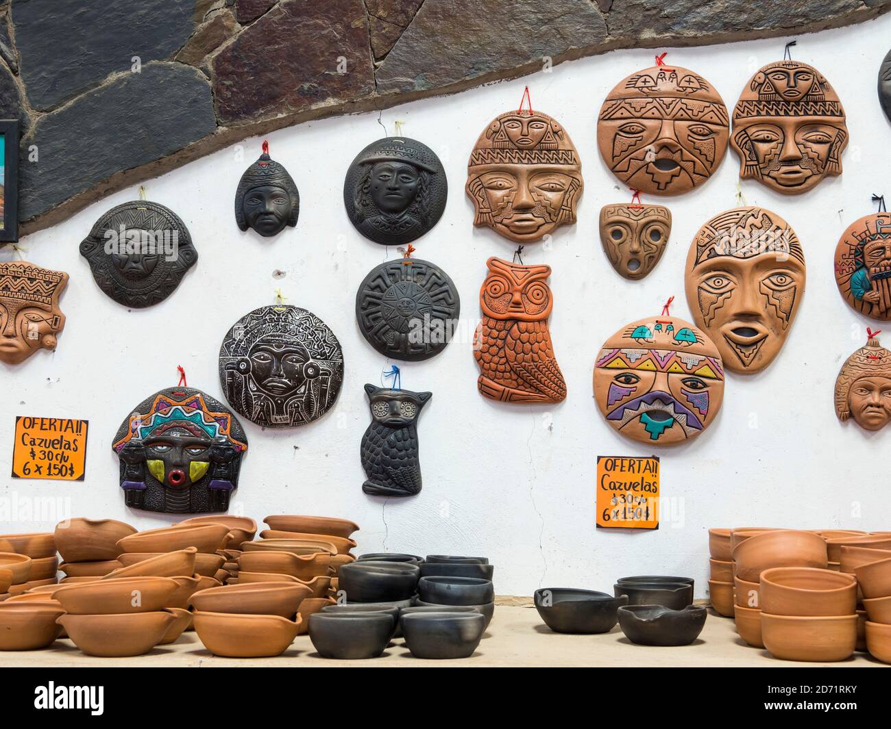 Pottery in the canyon Quebrada de Humahuaca, masks in inca syle. The ...