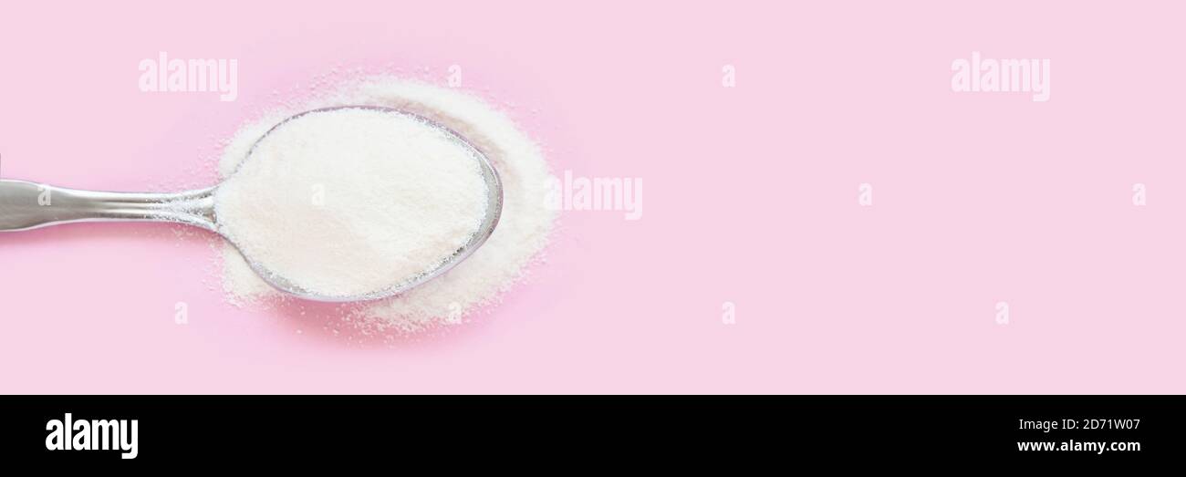 Collagen white powder. Pastel color background. Health product Stock ...