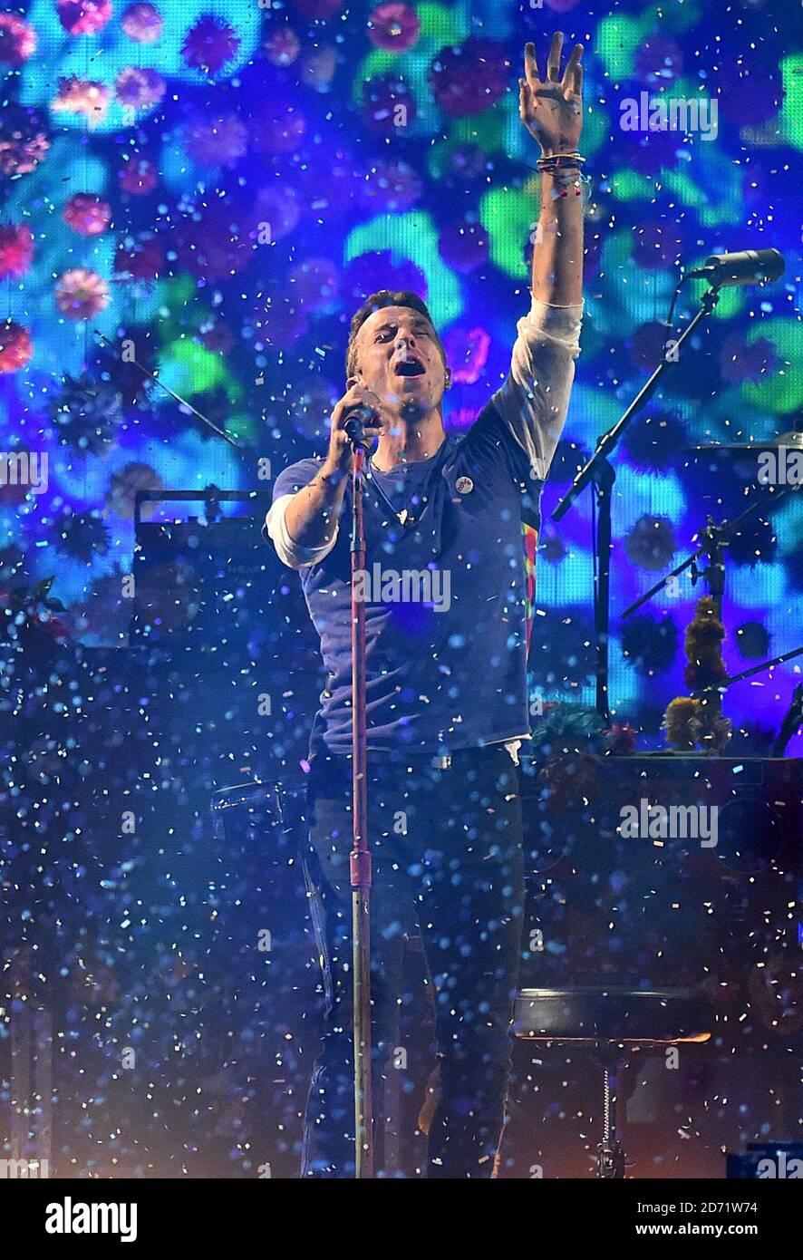 Coldplay on stage during the 2016 Brit Awards at the O2 Arena, London ...