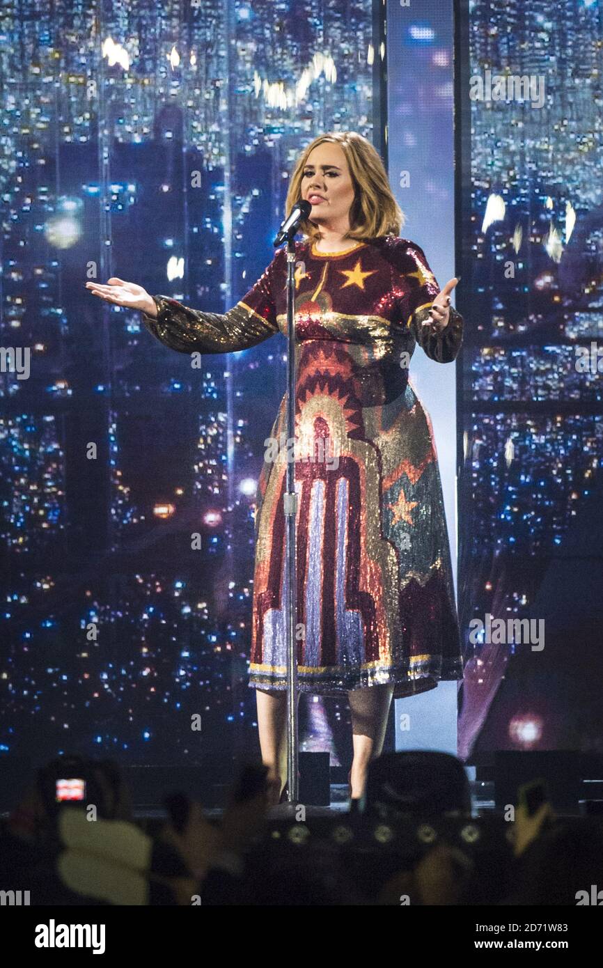Adele on stage during the 2016 Brit Awards at the O2 Arena, London ...