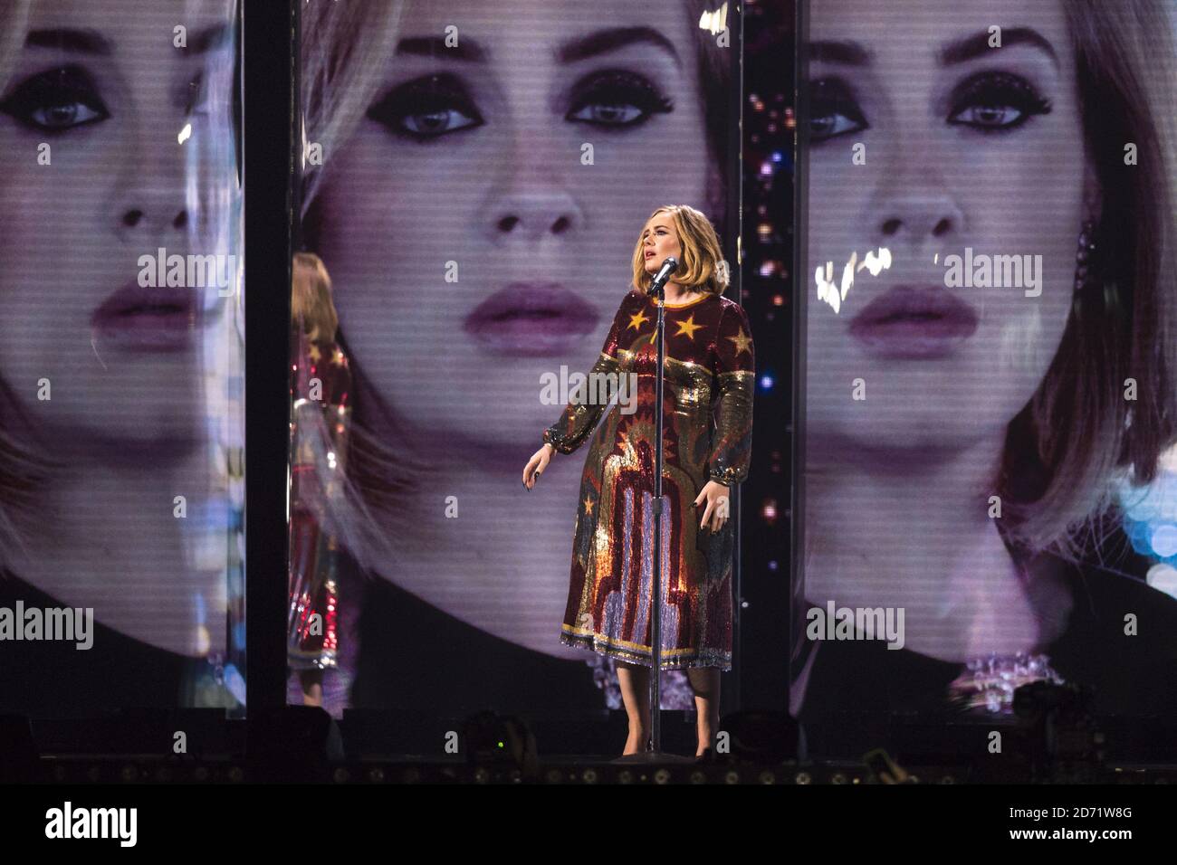 Adele on stage during the 2016 Brit Awards at the O2 Arena, London ...
