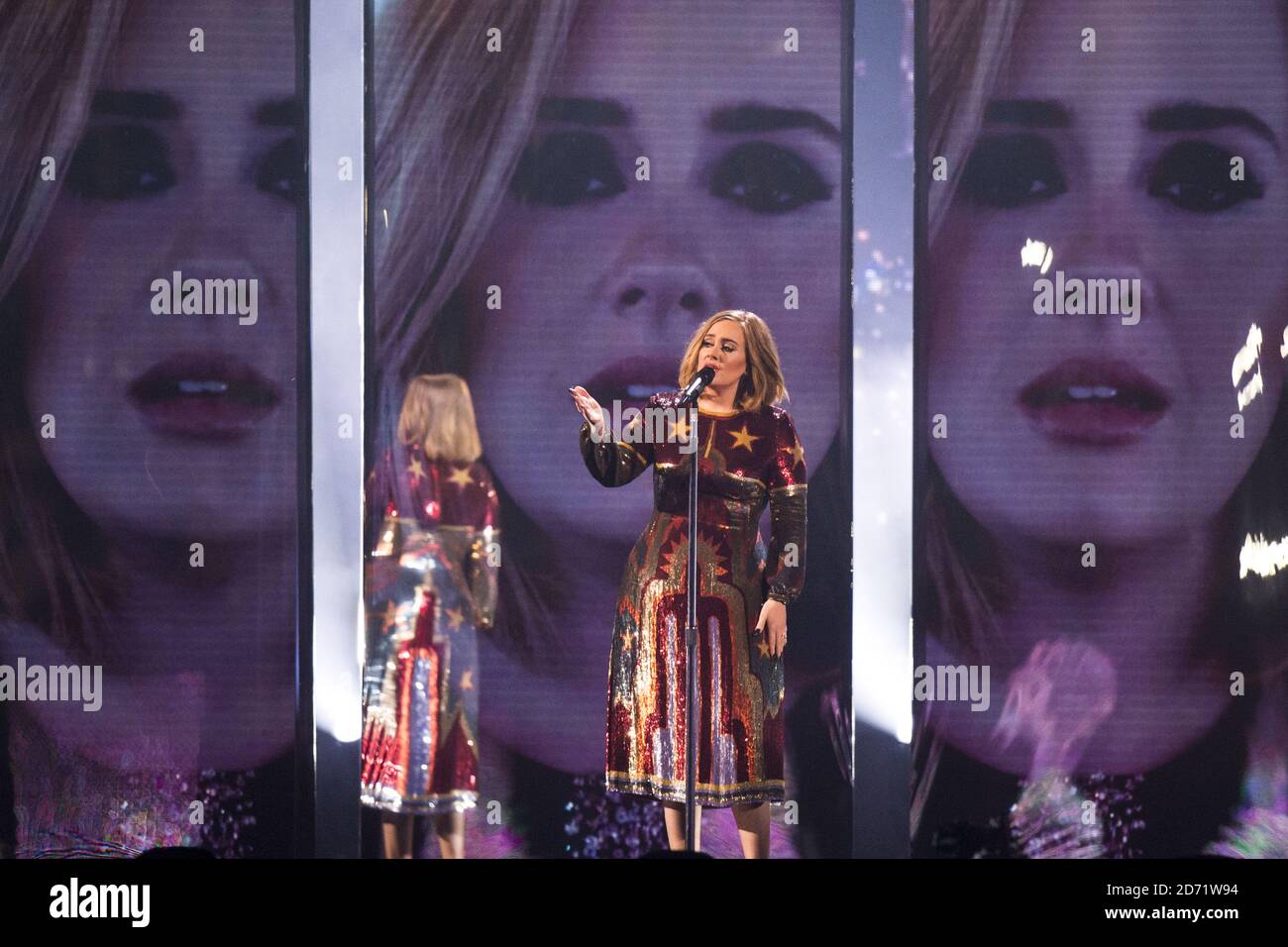 Adele on stage during the 2016 Brit Awards at the O2 Arena, London ...