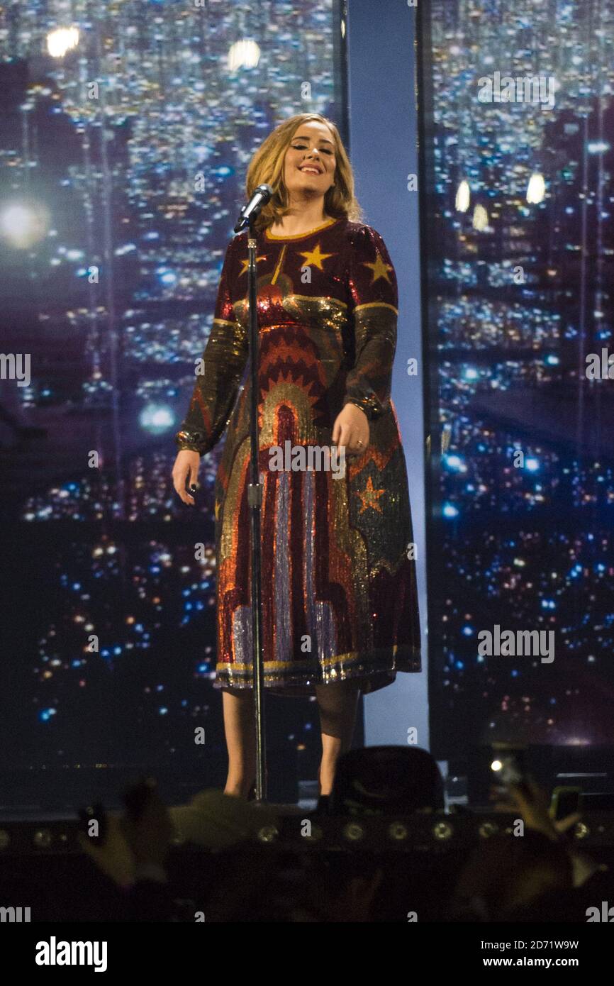 Adele on stage during the 2016 Brit Awards at the O2 Arena, London ...