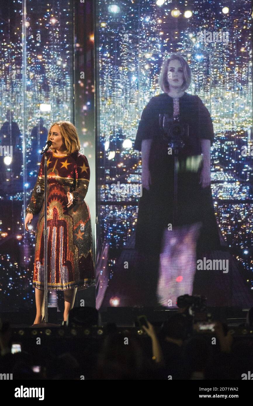 Adele on stage during the 2016 Brit Awards at the O2 Arena, London ...