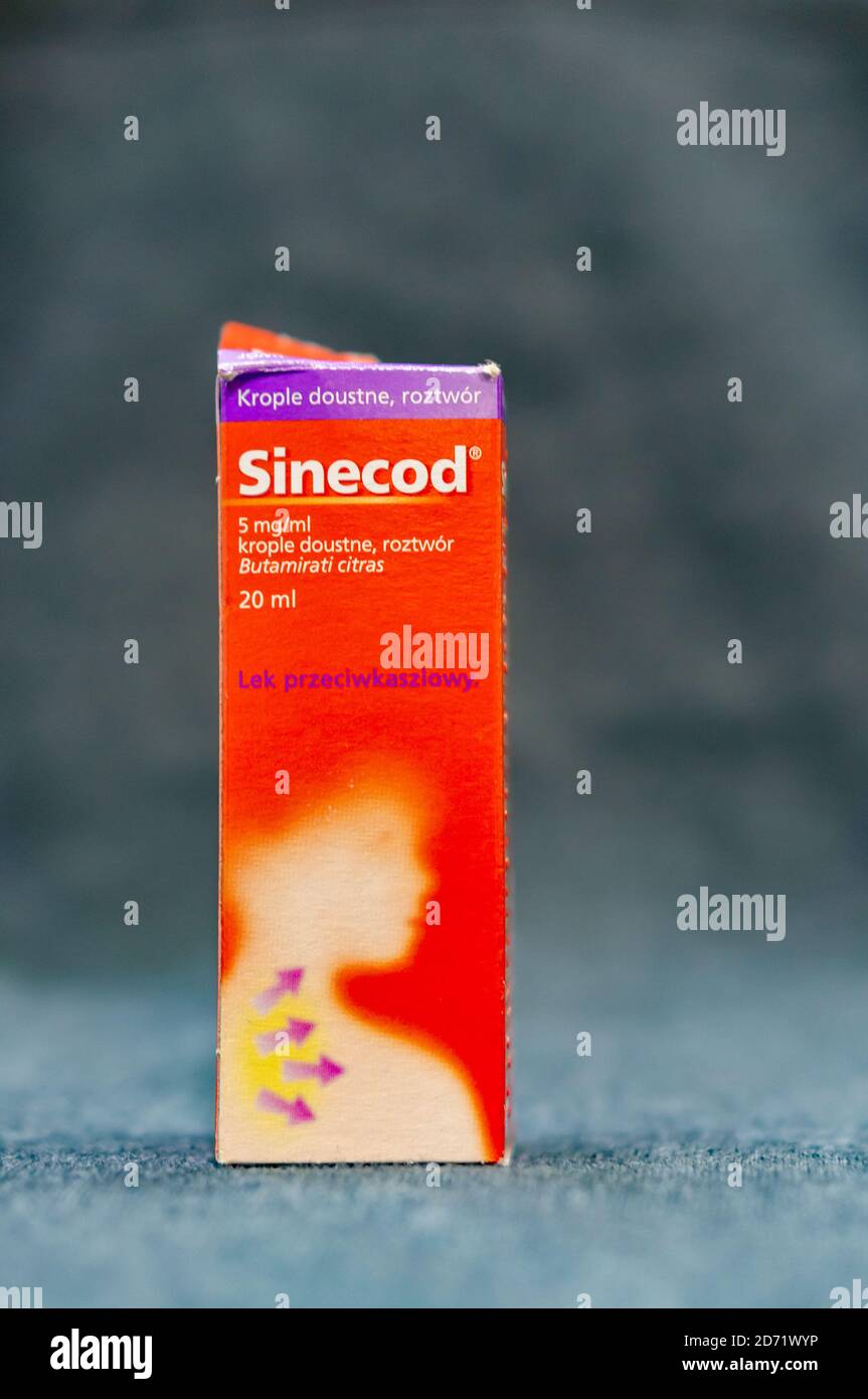 POZNAN, POLAND - Oct 18, 2020: Sinecod coughing syrup drops in a red ...