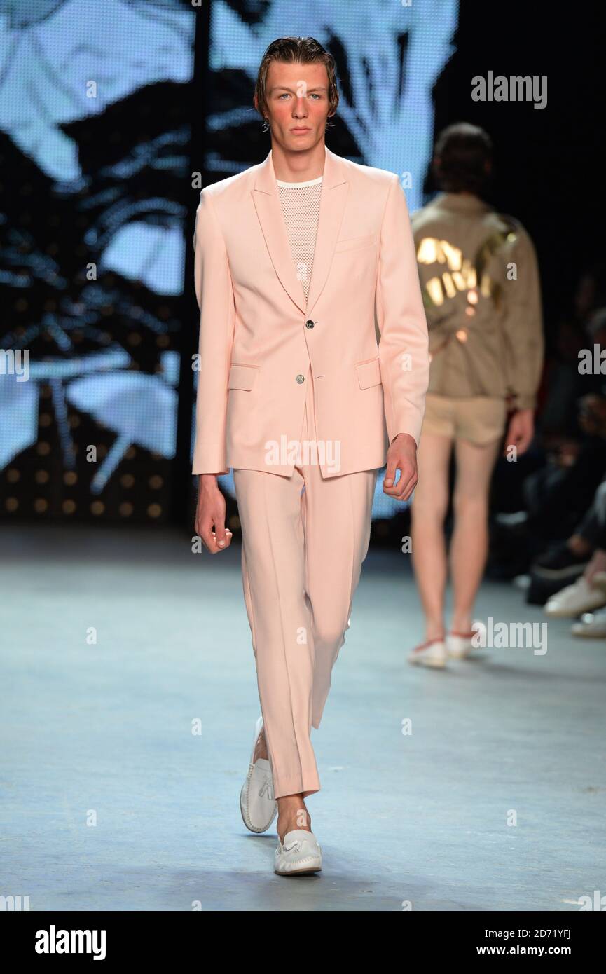A model on the catwalk at the Top Man Design fashion show, held at the ...