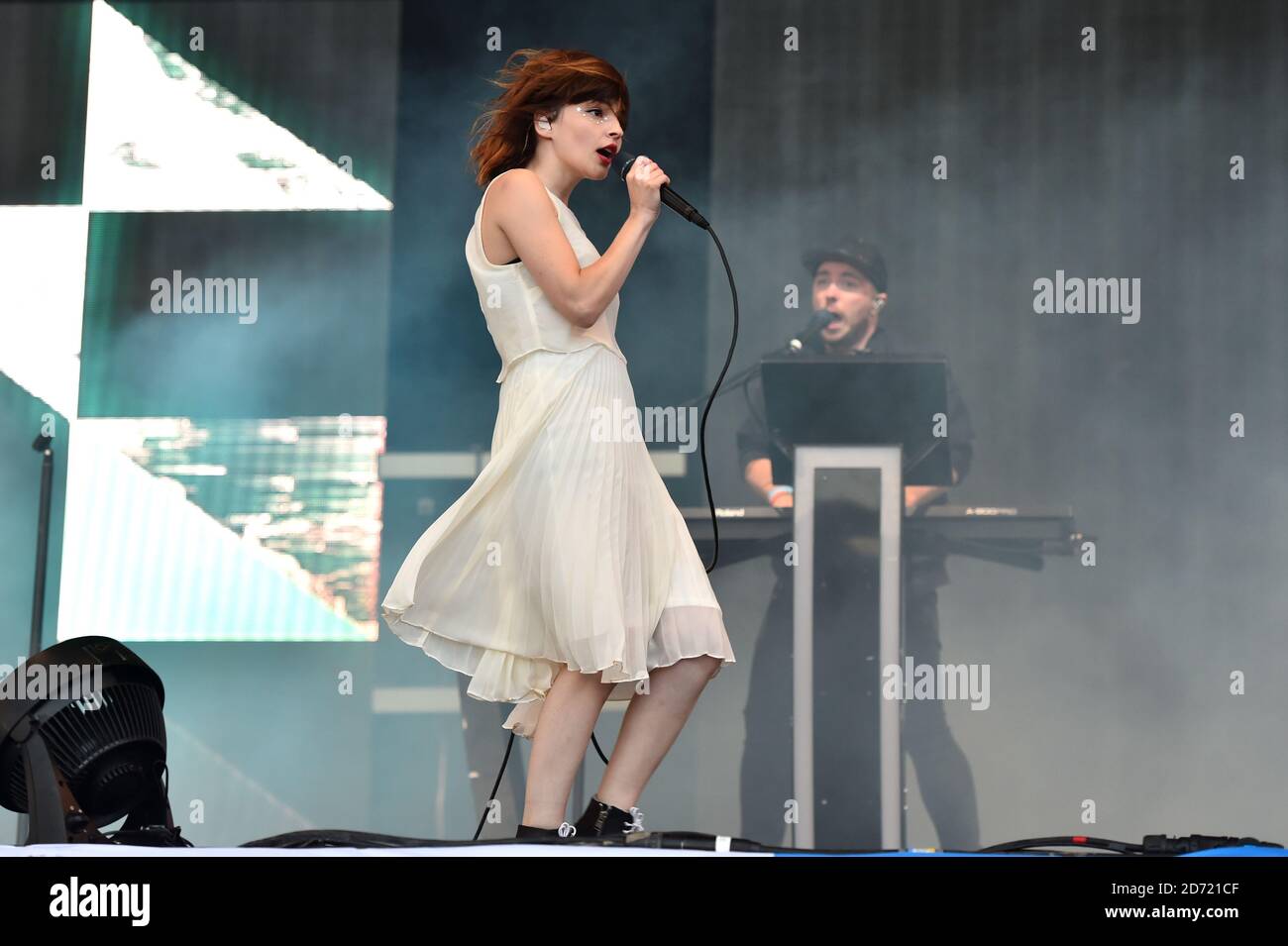 Lauren Mayberry of CHVRCHES performing on the other Stage at the ...