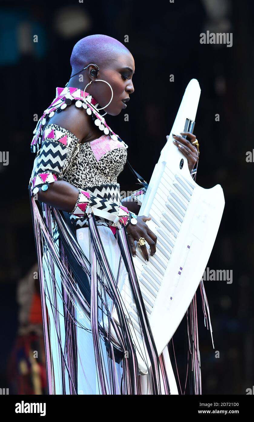 Laura Mvula performing on the Pyramid Stage at the Glastonbury Festival ...