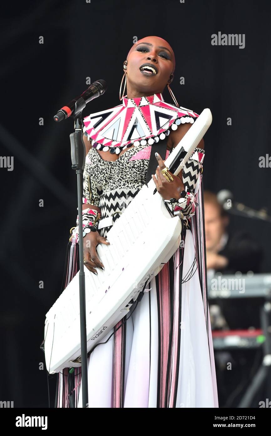 Laura Mvula performing on the Pyramid Stage at the Glastonbury Festival ...