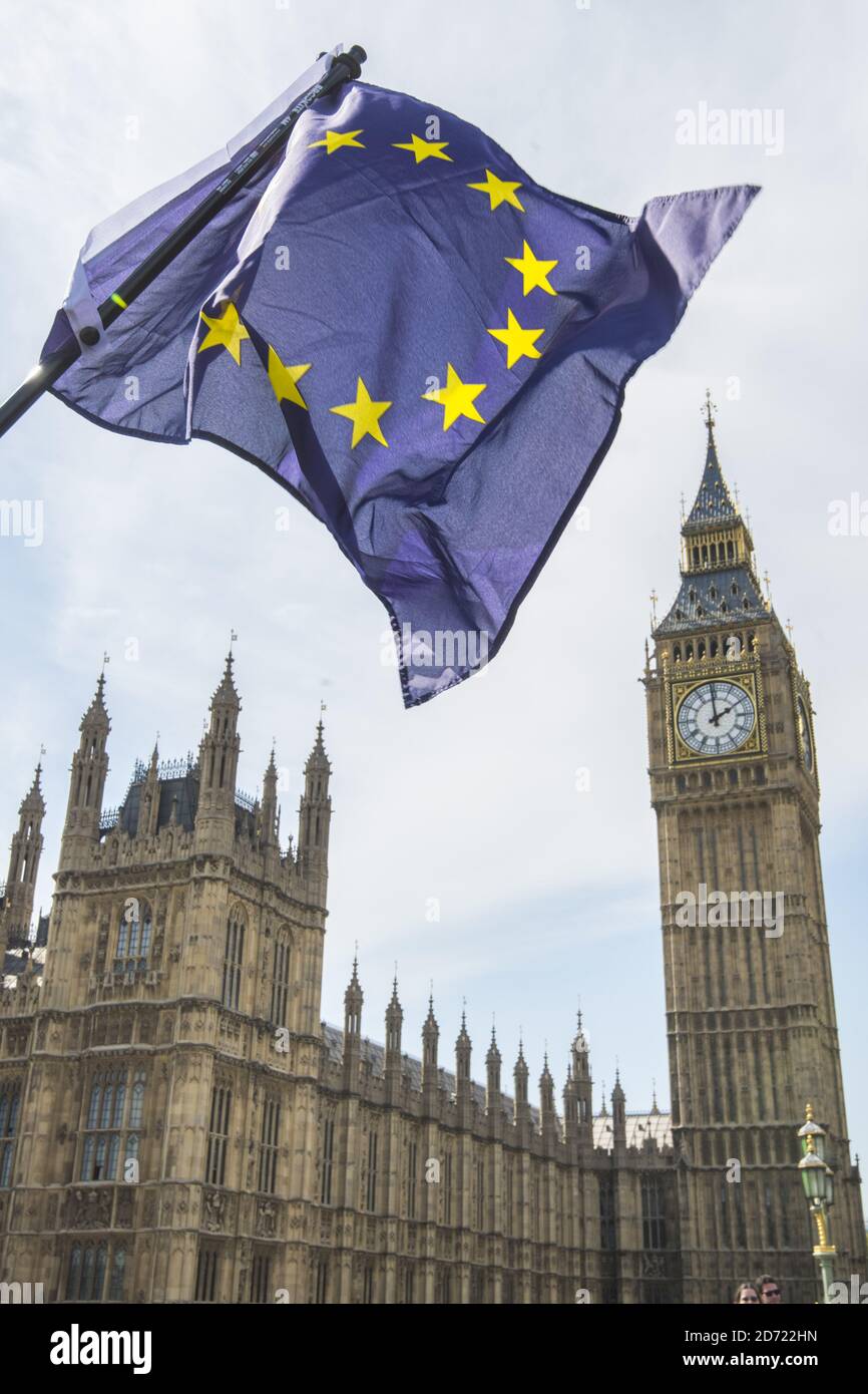 An EU Flag is flown outside the Houses of parliament in Westminster ...
