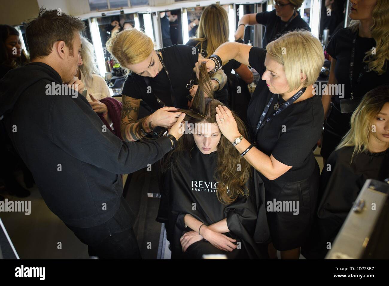 Models prepare backstage during the the Belstaff Spring/Summer 2017 ...