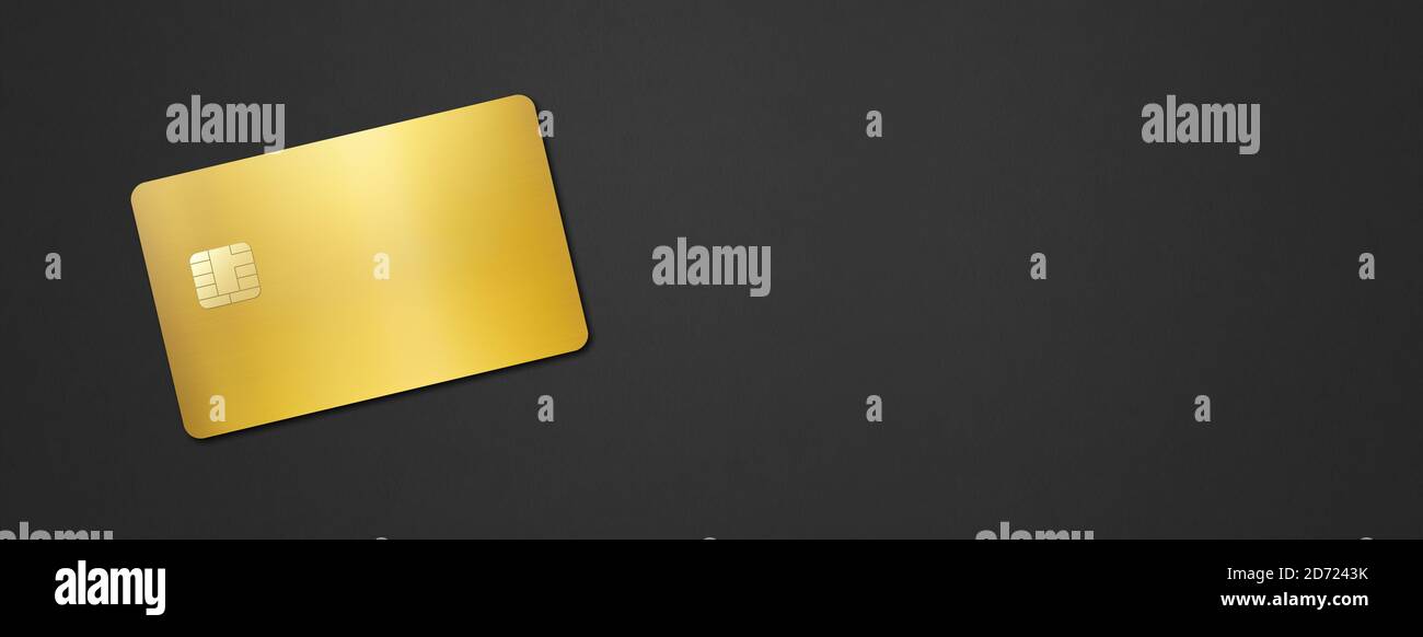 Gold credit card template on a black background banner. 3D illustration ...