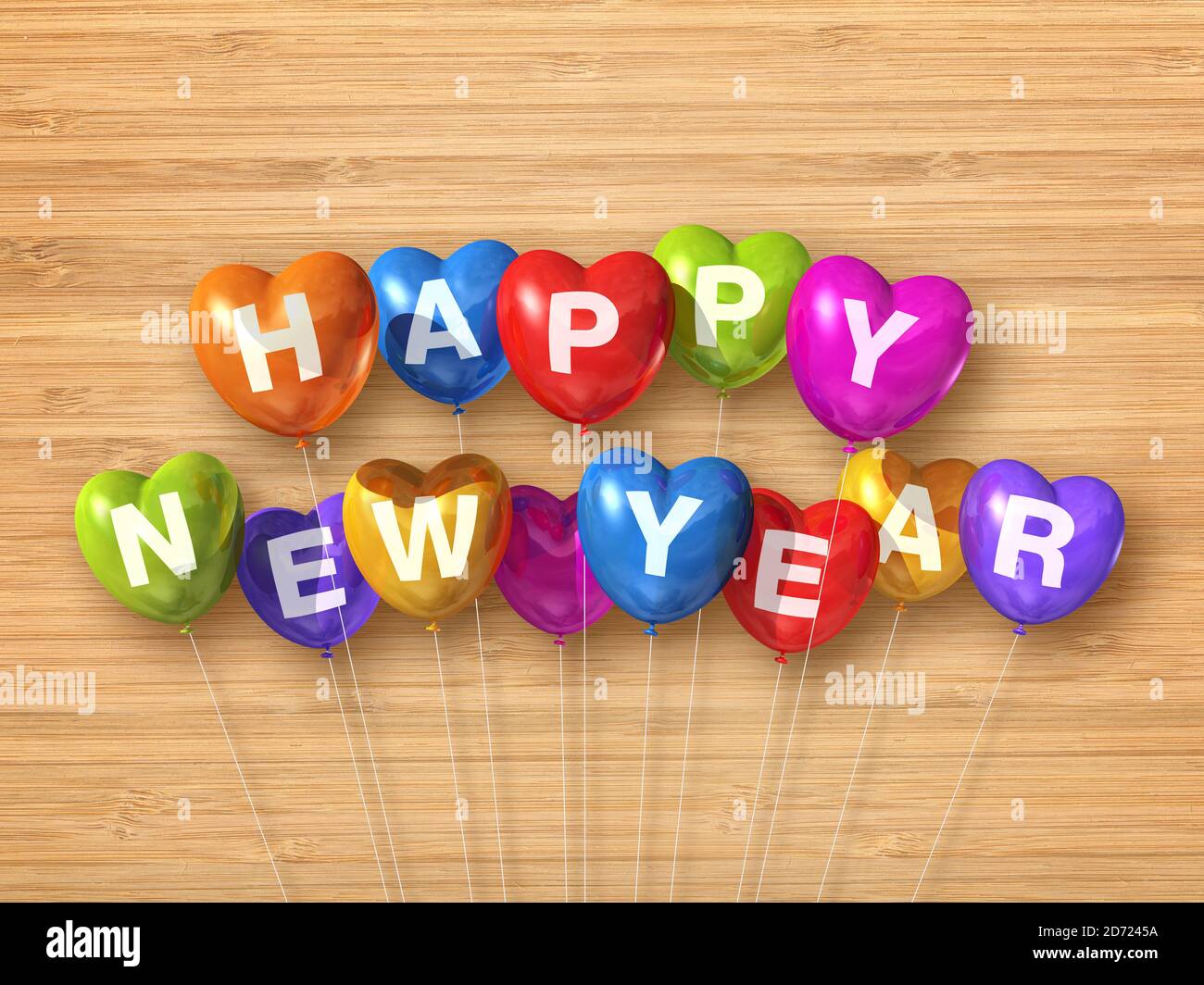 Colorful happy new year heart shaped air balloons on a wooden ...