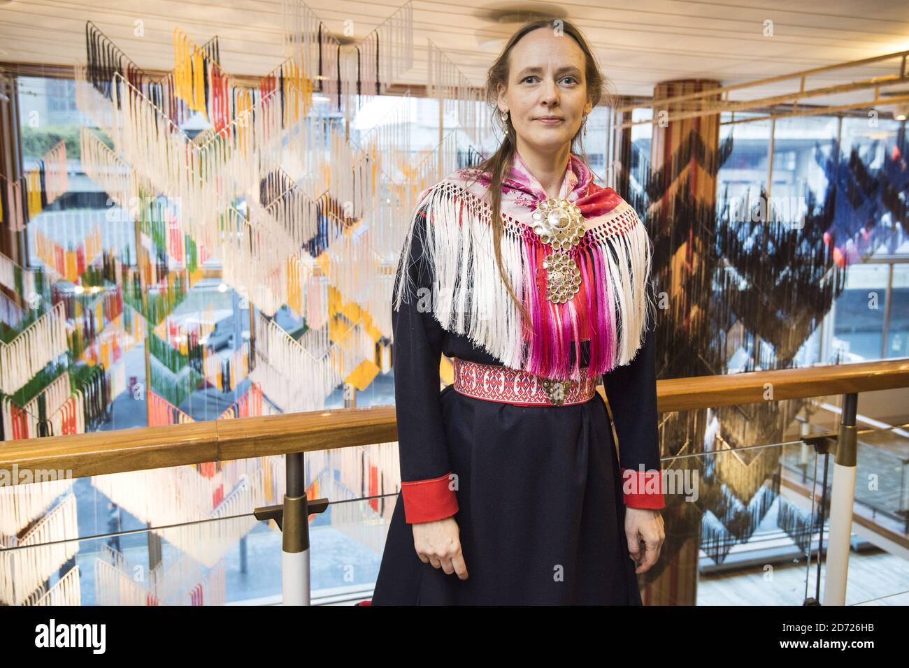Artist Outi Pieski pictured with her work Falling Shawls, at the launch ...