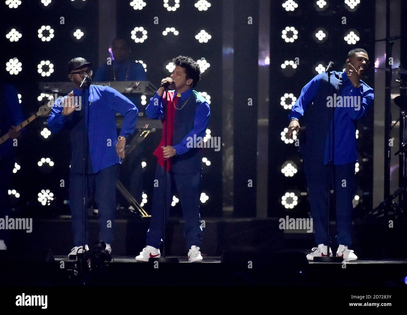 Bruno Mars on stage at the BRIT Awards 2017, held at The O2 Arena, in ...