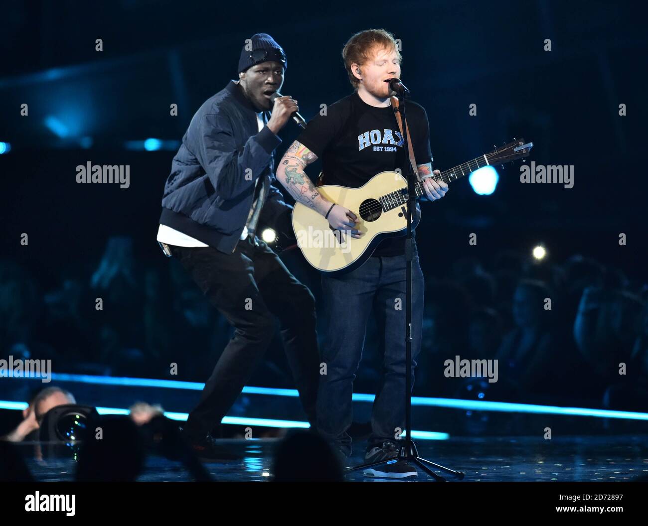 Ed Sheeran with Stormzy on stage at the BRIT Awards 2017, held at The ...