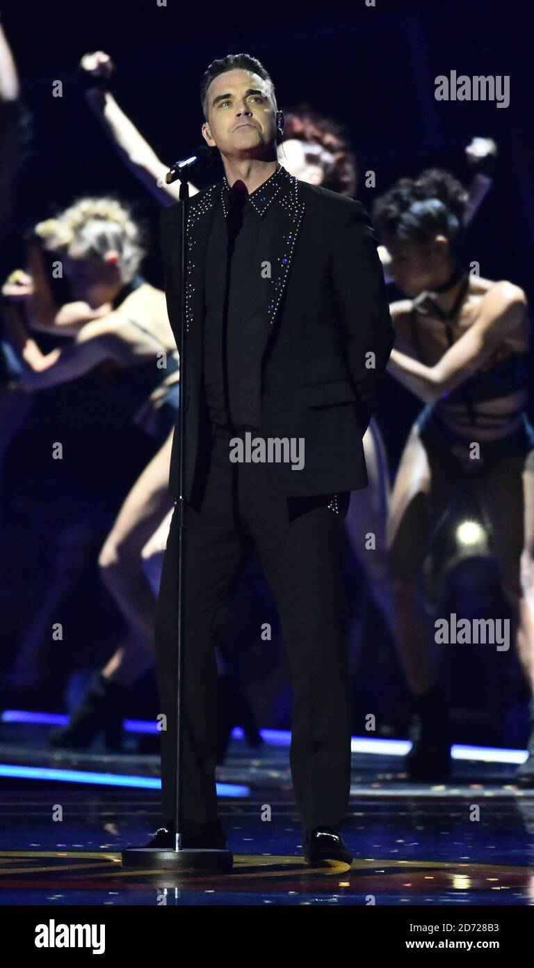 Robbie Williams on stage at the BRIT Awards 2017, held at The O2 Arena ...