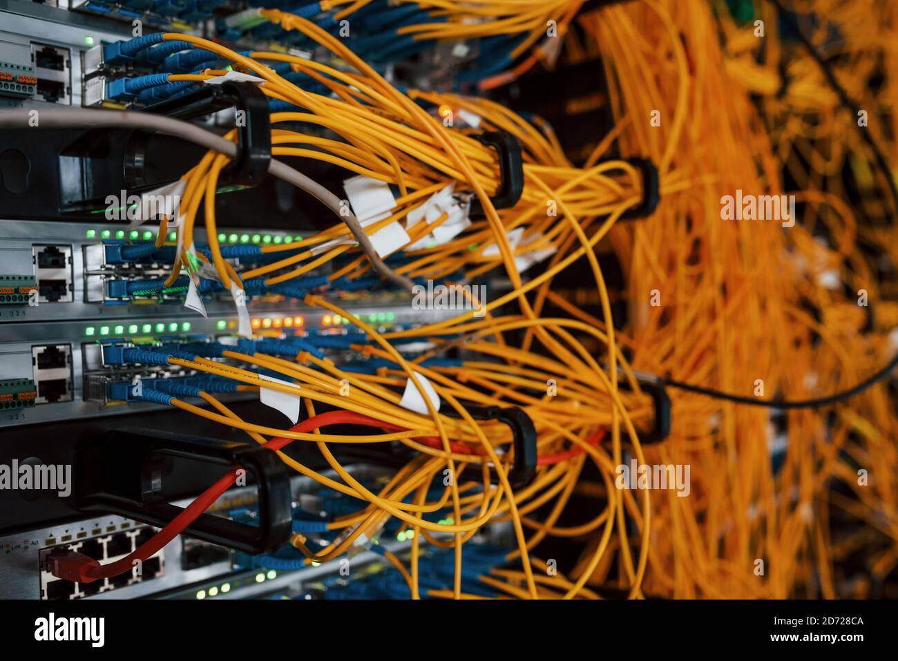 Close up view of internet equipment and cables in the server room Stock ...