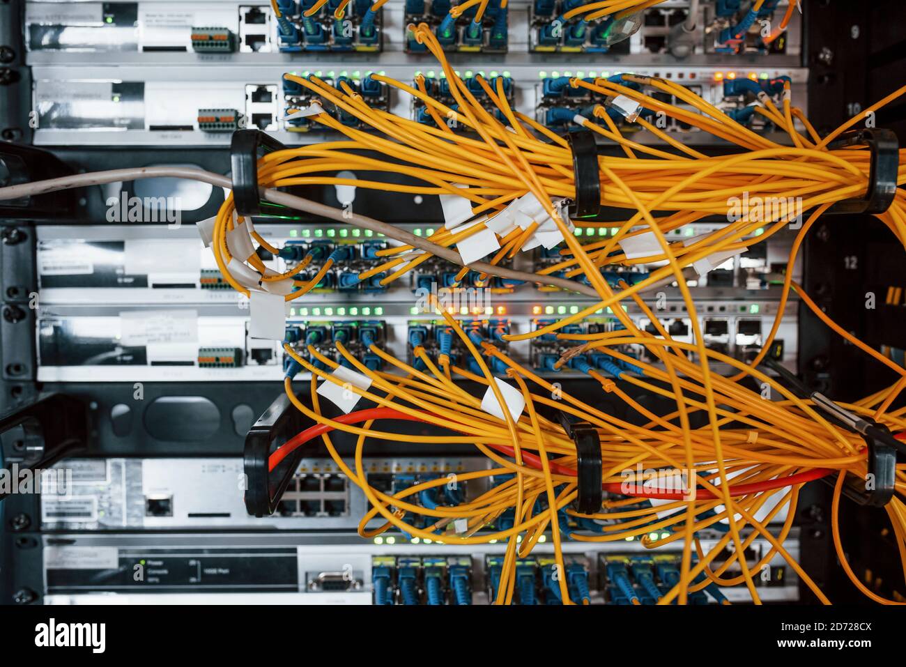 Close up view of internet equipment and cables in the server room Stock ...