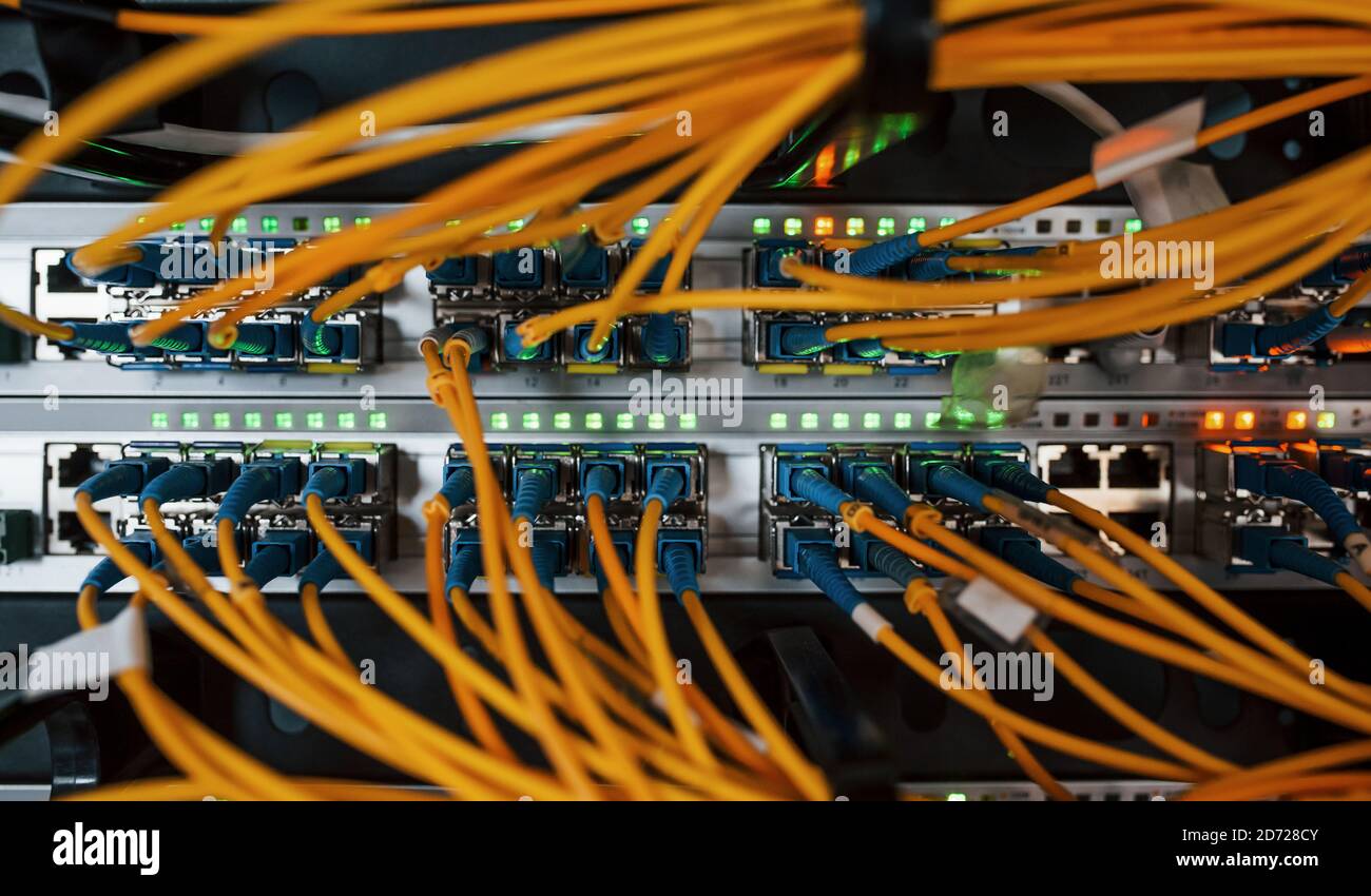 Close up view of internet equipment and cables in the server room Stock ...
