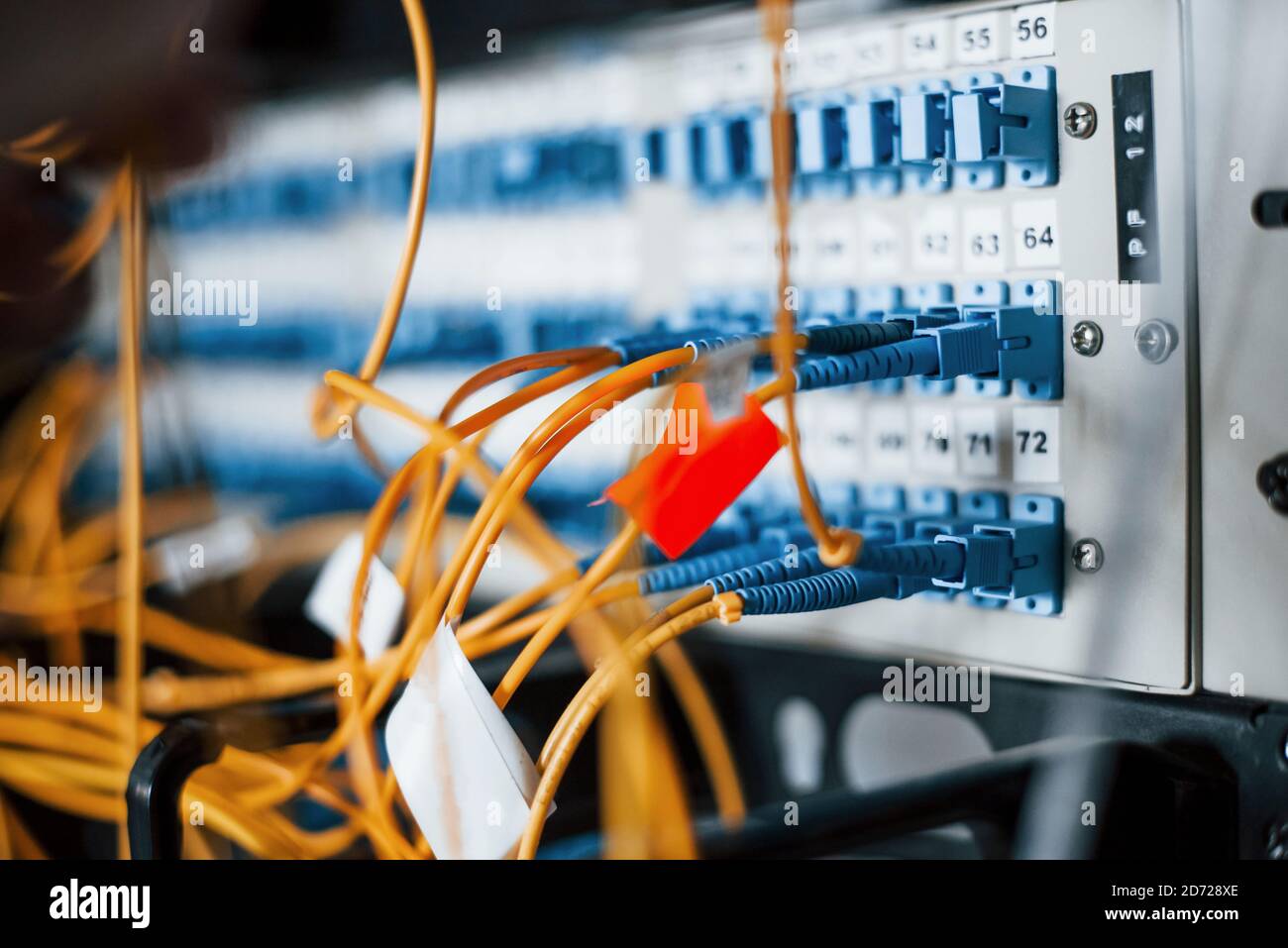 Close up view of internet equipment and cables in the server room Stock ...