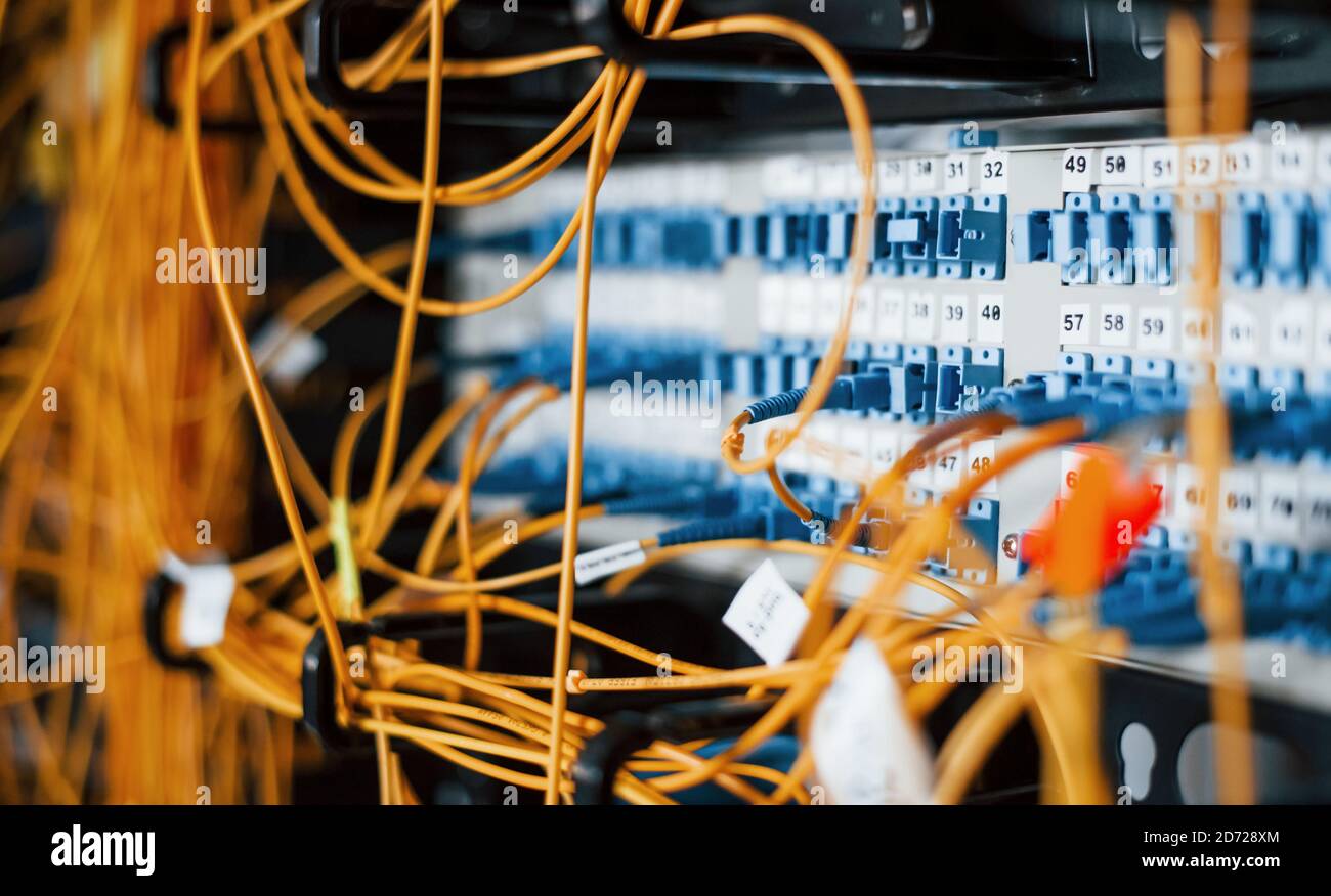 Close up view of internet equipment and cables in the server room Stock ...
