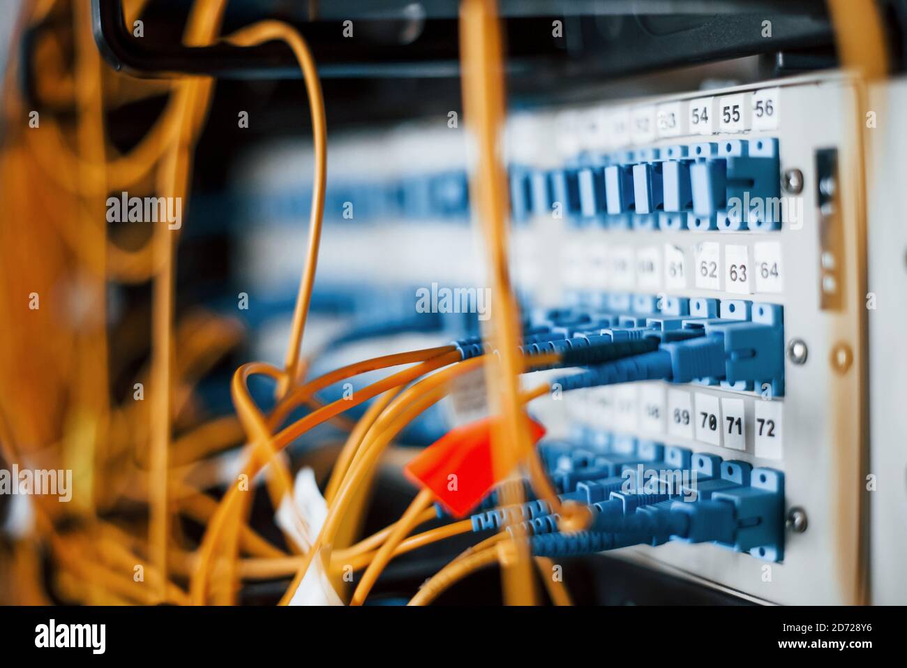 Close up view of internet equipment and cables in the server room Stock ...