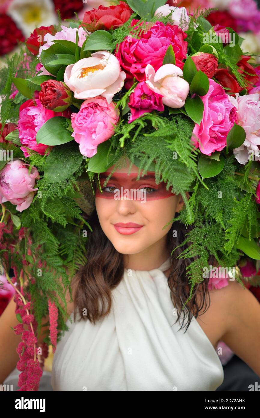 A model wears a bespoke Peony Floral headdress on the Primrose Hall ...
