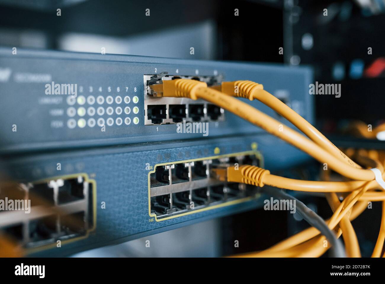 Close up view of internet equipment and cables in the server room Stock ...