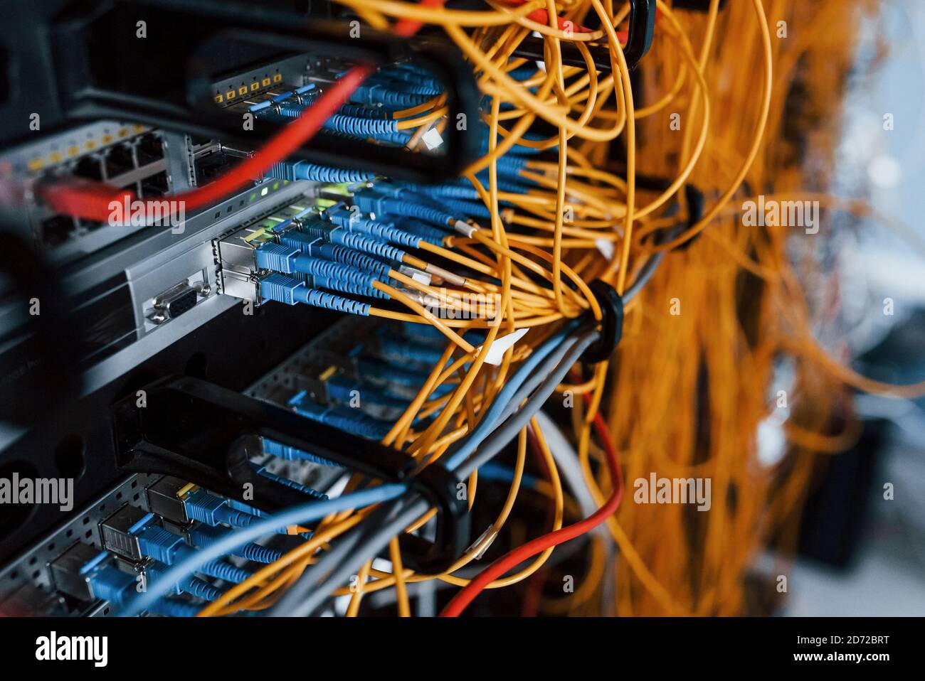 Close up view of internet equipment and cables in the server room Stock ...