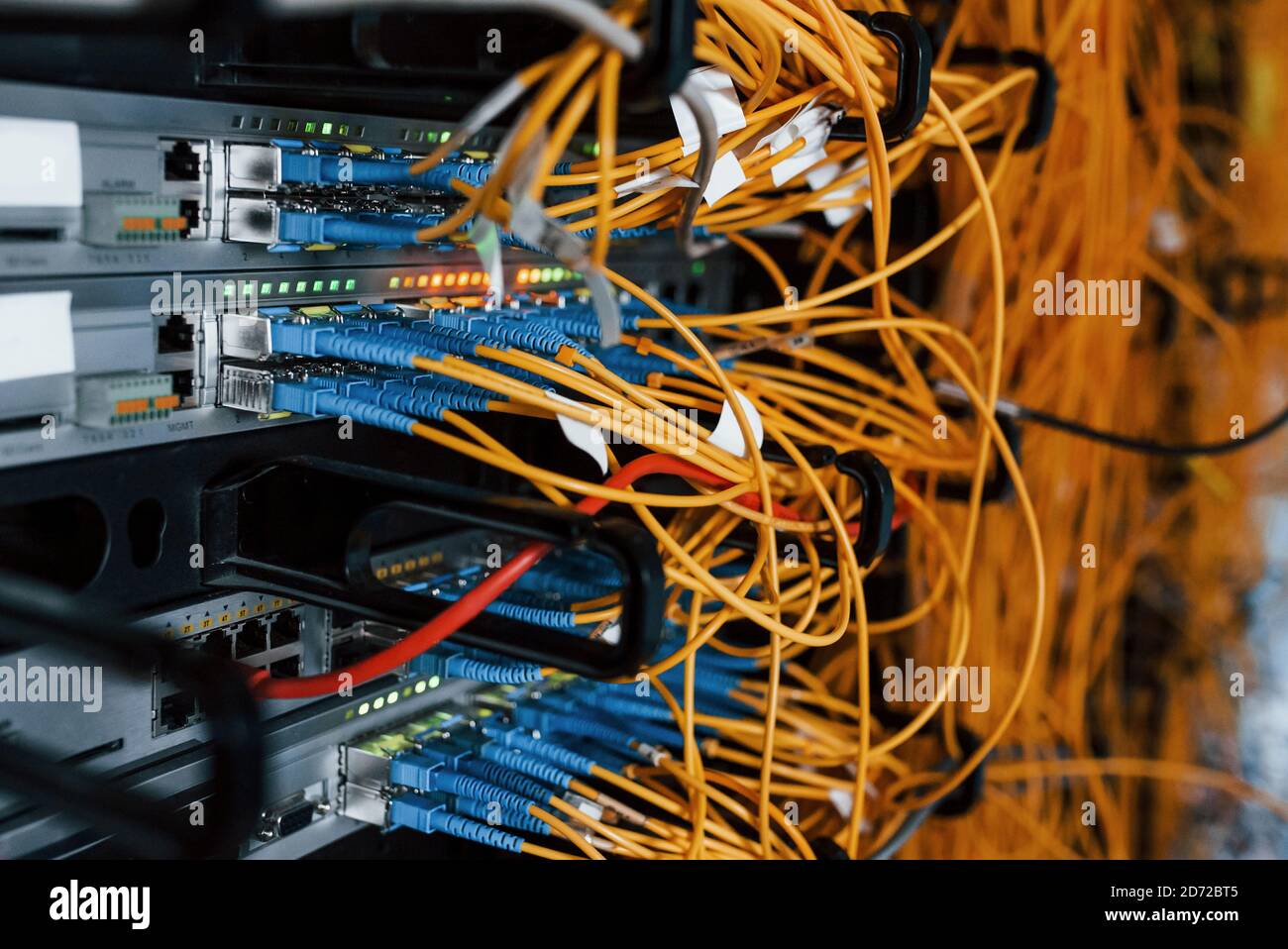 Close up view of internet equipment and cables in the server room Stock ...