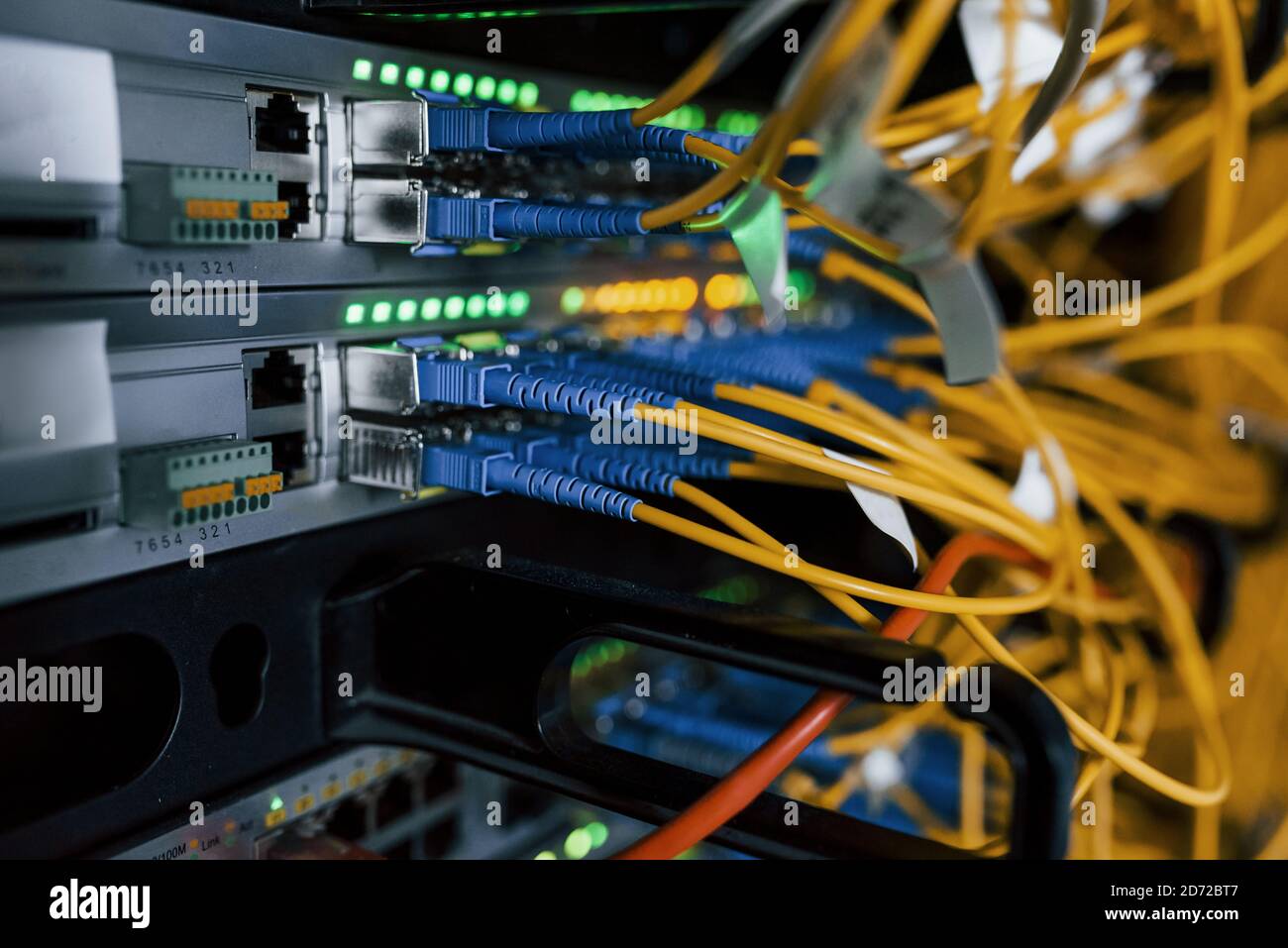 Close up view of internet equipment and cables in the server room Stock ...