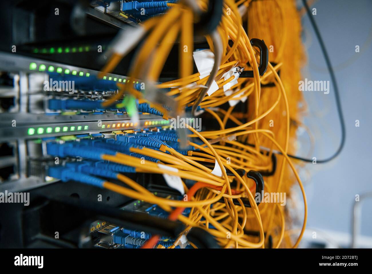 Close up view of internet equipment and cables in the server room Stock ...
