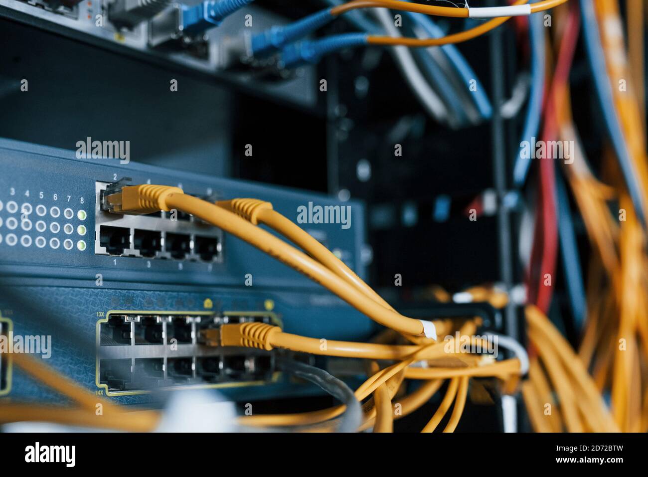 Close up view of internet equipment and cables in the server room Stock ...