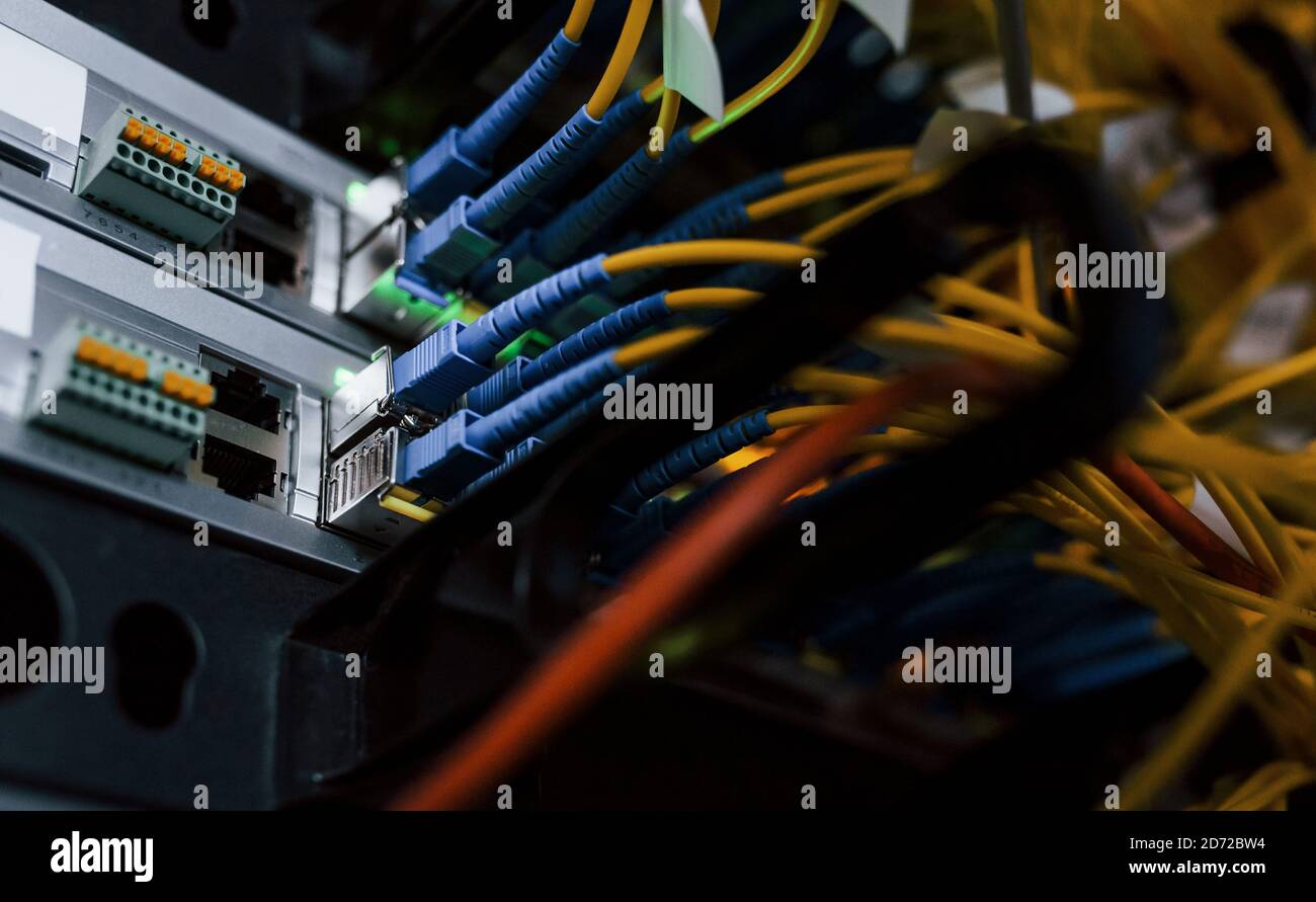 Close up view of internet equipment and cables in the server room Stock ...