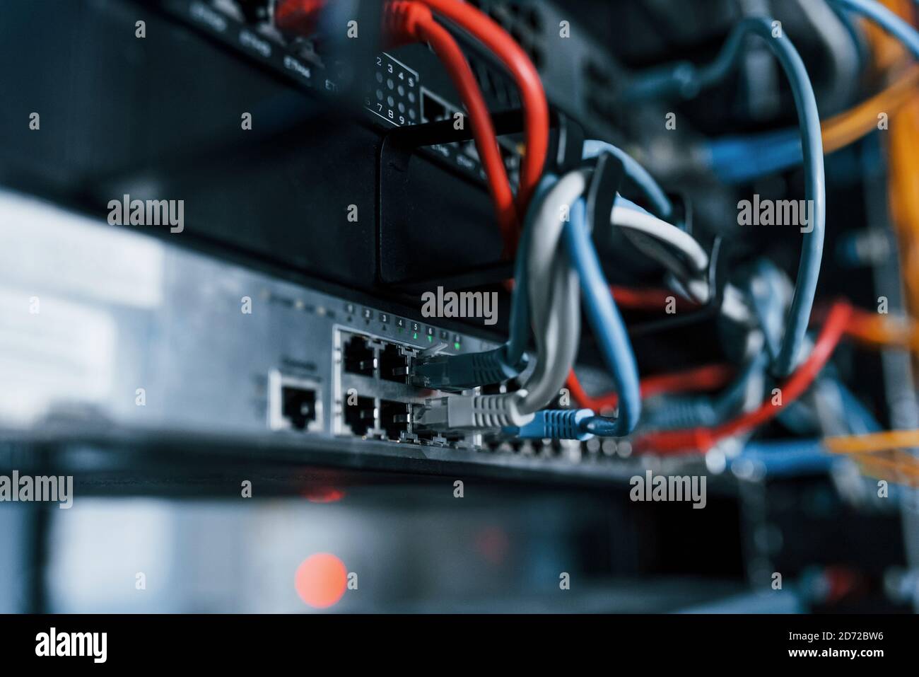 Close up view of internet equipment and cables in the server room Stock ...