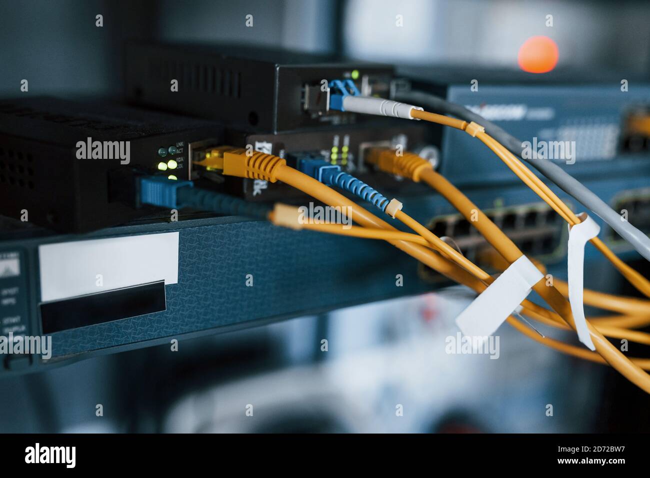 Close up view of internet equipment and cables in the server room Stock ...