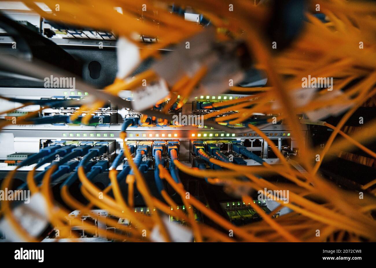 Close up view of internet equipment and cables in the server room Stock ...