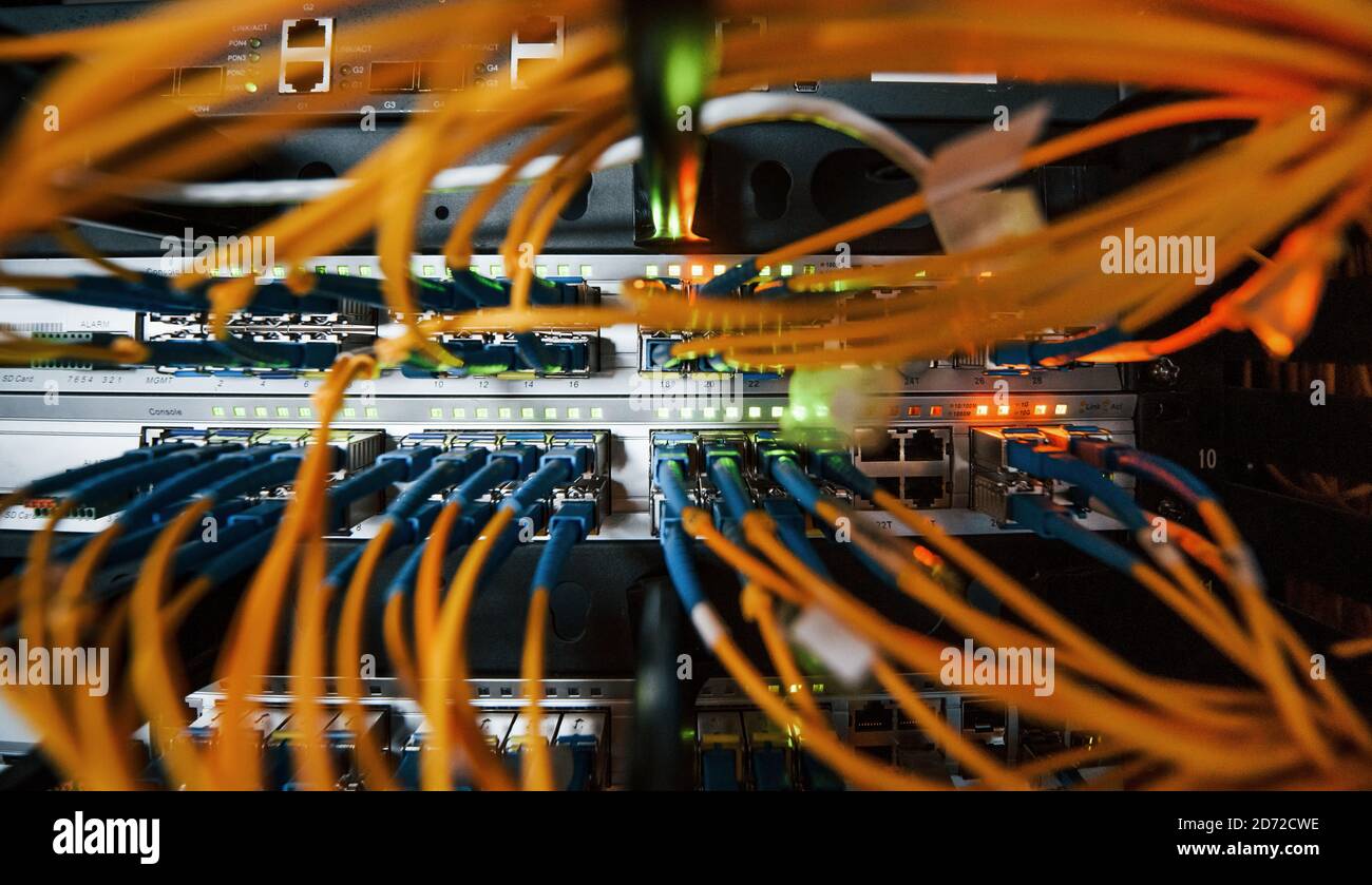Close up view of internet equipment and cables in the server room Stock ...