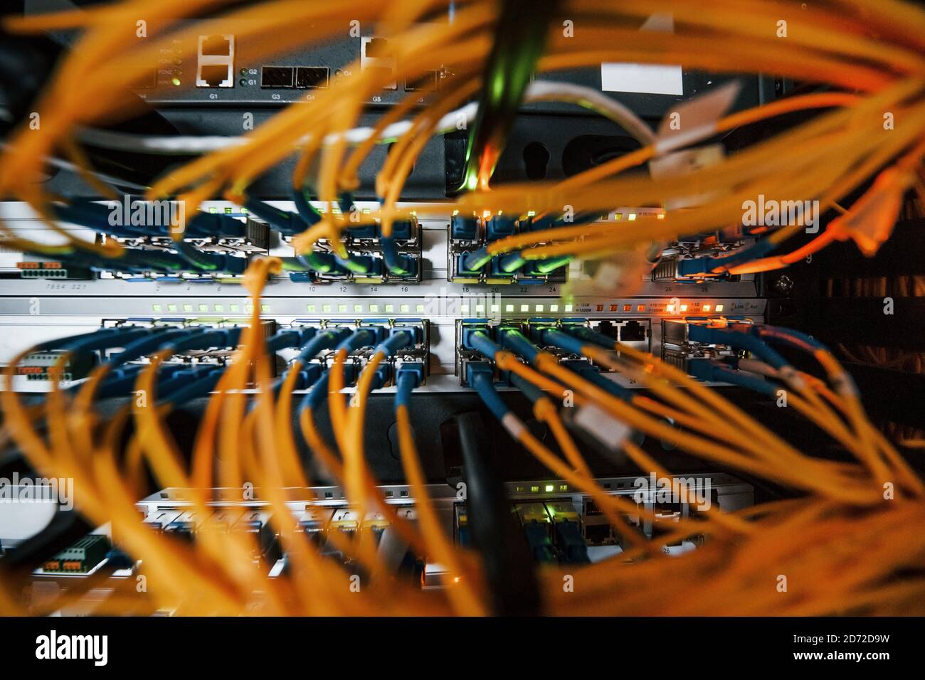 Close up view of internet equipment and cables in the server room Stock ...
