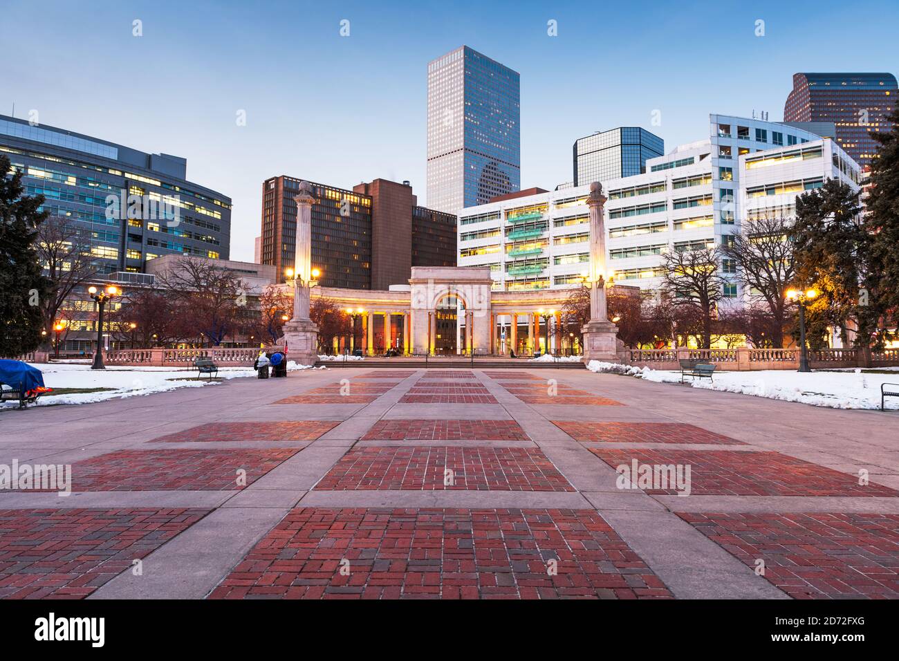 Denver, Colorado, USA downtown cityscape in Civic Center park at dusk ...